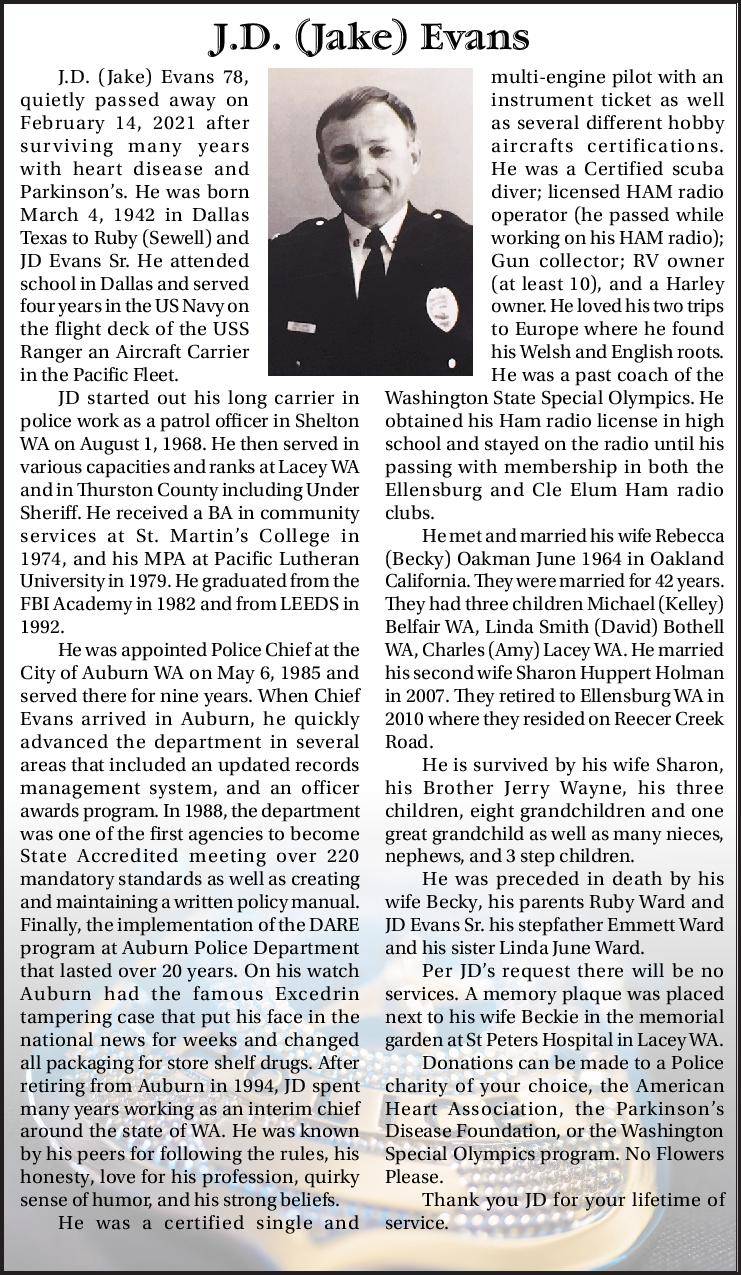 J.D. (Jake) Evans | Obituary | Auburn Reporter