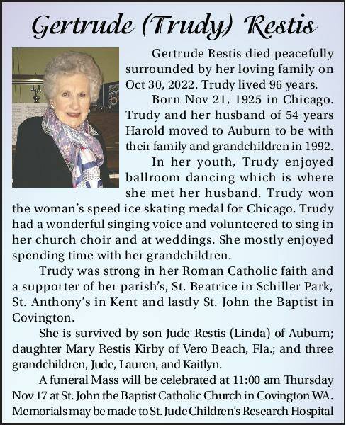Gertrude (Trudy) Restis | Obituary | Auburn Reporter