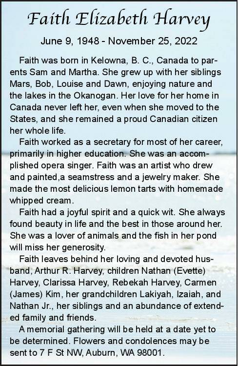 Faith Elizabeth Harvey | Obituary | Auburn Reporter